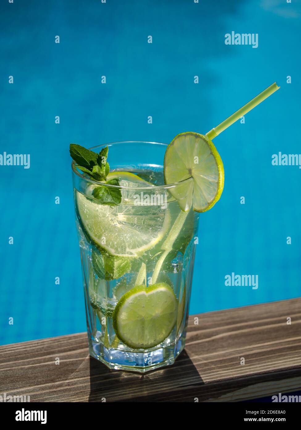 A glass of cold lime and mint drink near a swimming pool Stock Photo ...