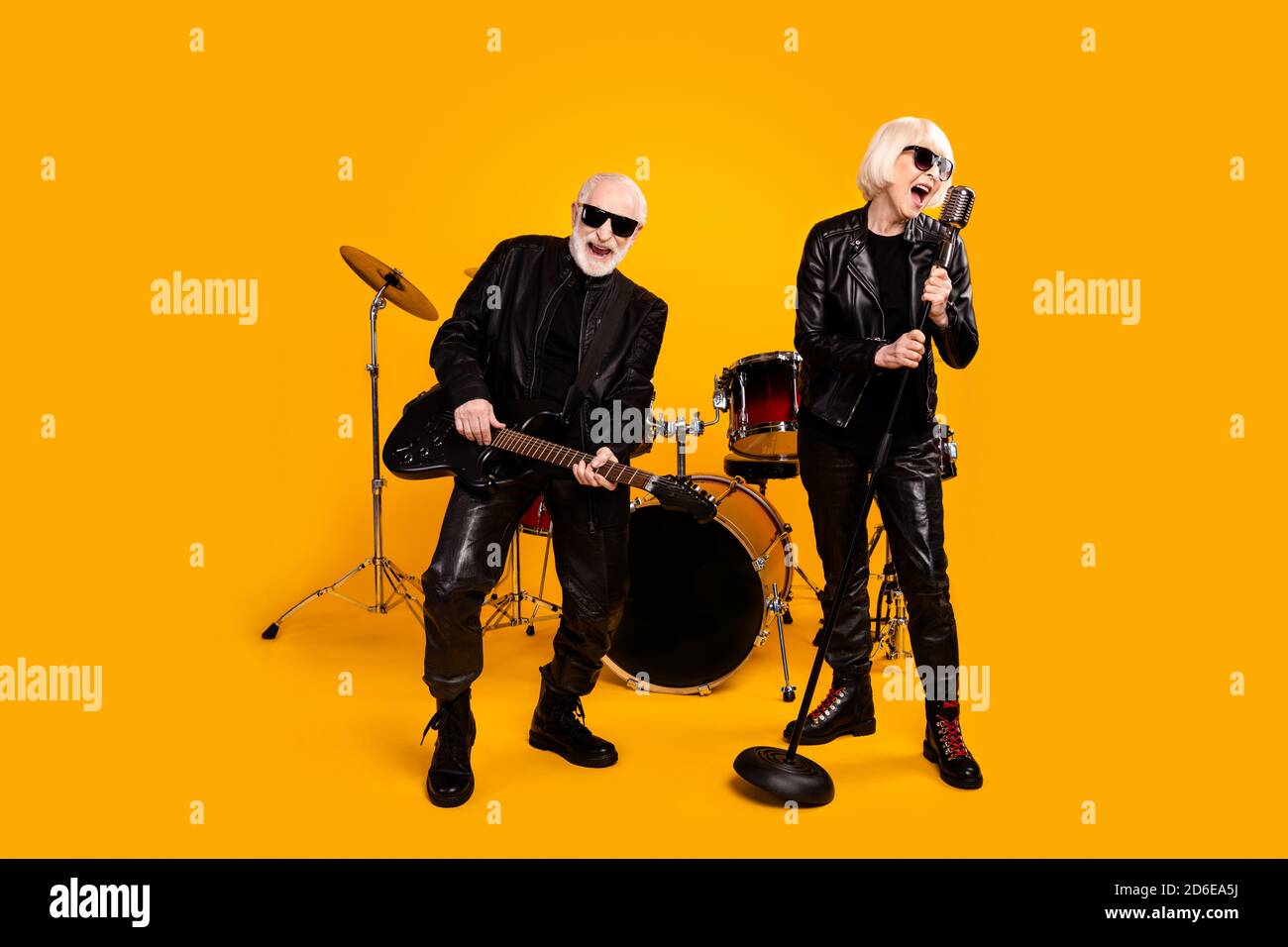 Portrait of his he her she nice attractive cheerful grey-haired couple ...