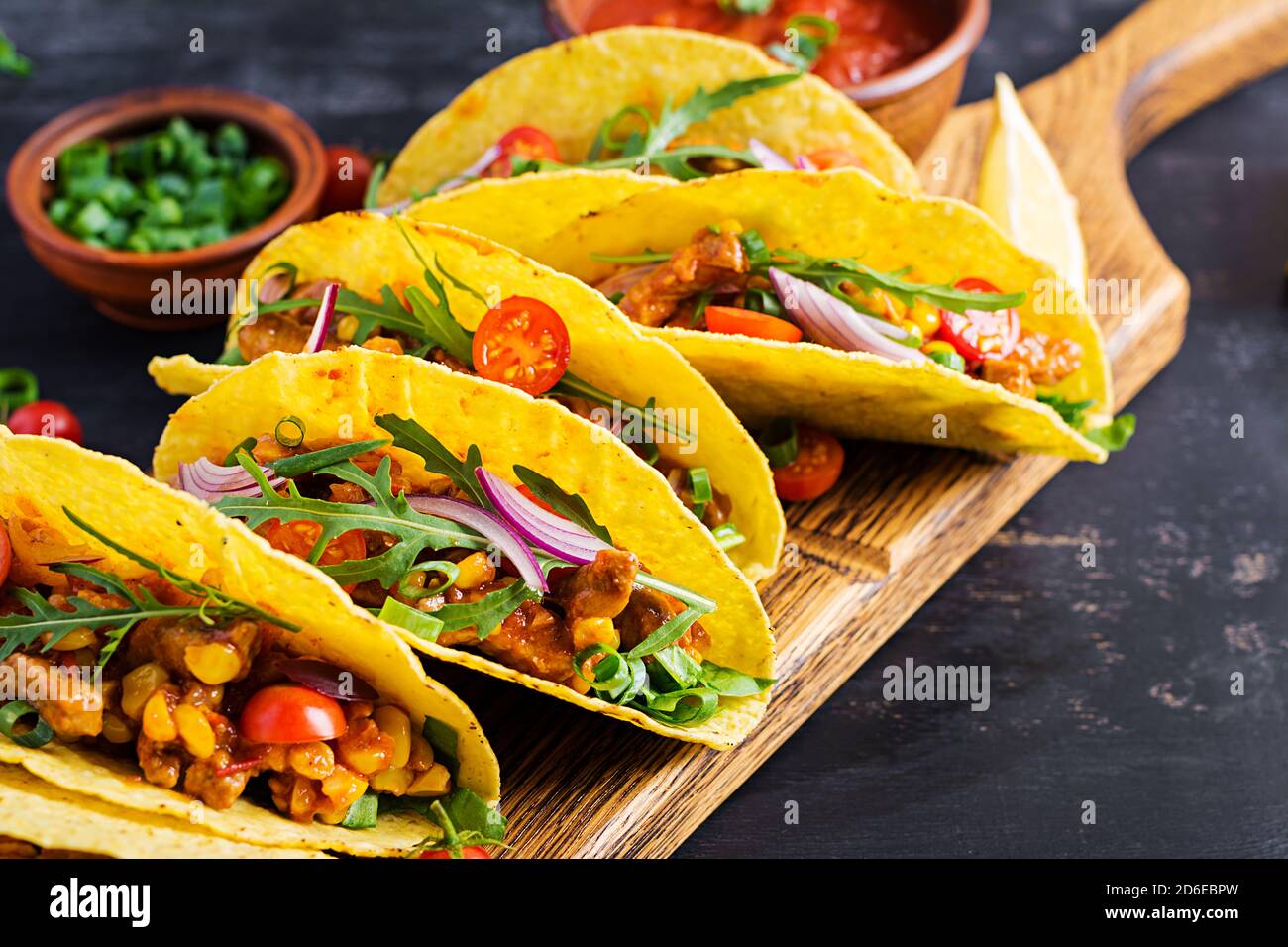 Taco. Mexican tacos with beef meat, corn and salsa. Mexican cuisine ...