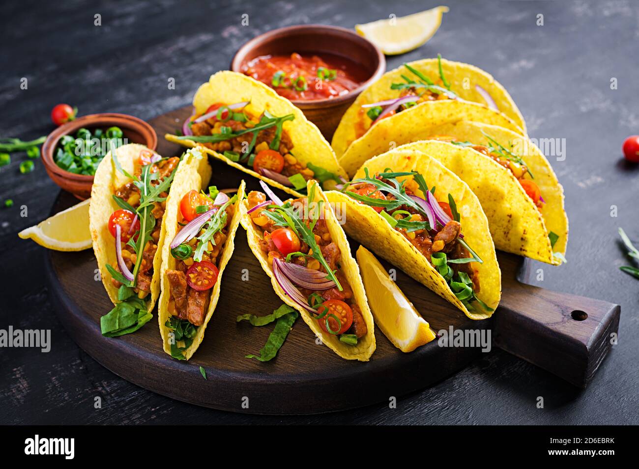 Taco. Mexican tacos with beef meat, corn and salsa. Mexican cuisine ...