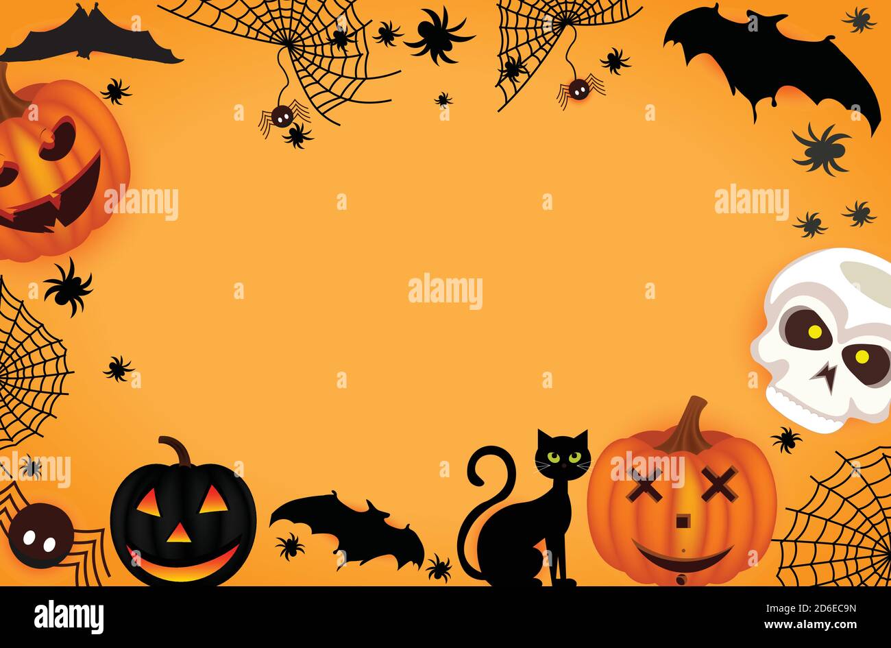 Happy Halloween. Witch house, pumpkin, tree and moon with happy face on ...