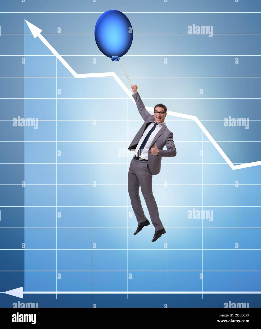 The businessman flying on hot balloon over graph Stock Photo - Alamy