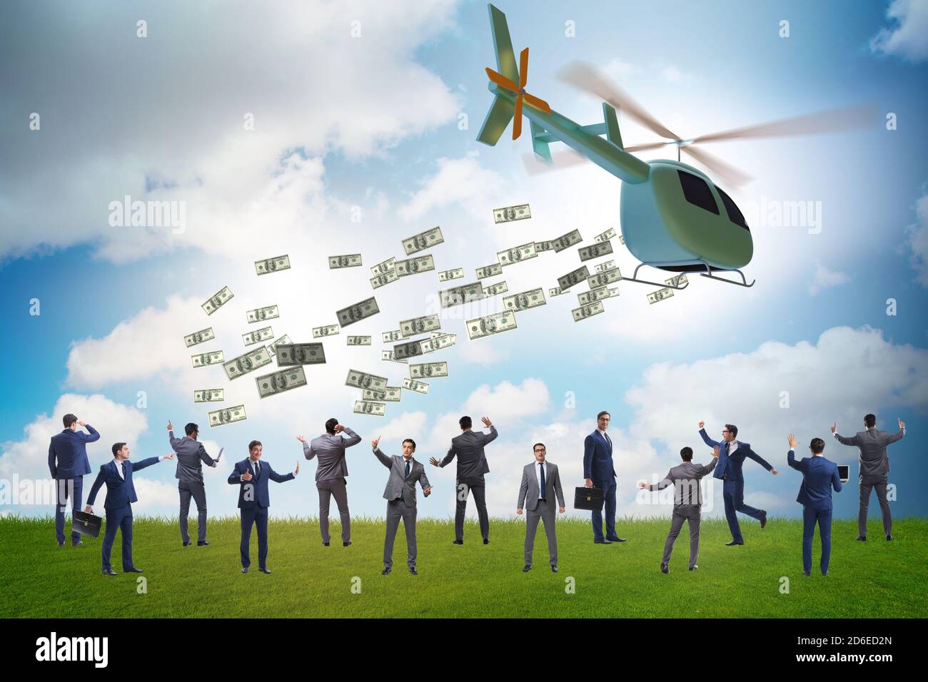 Businessman in the helicopter money concept Stock Photo - Alamy
