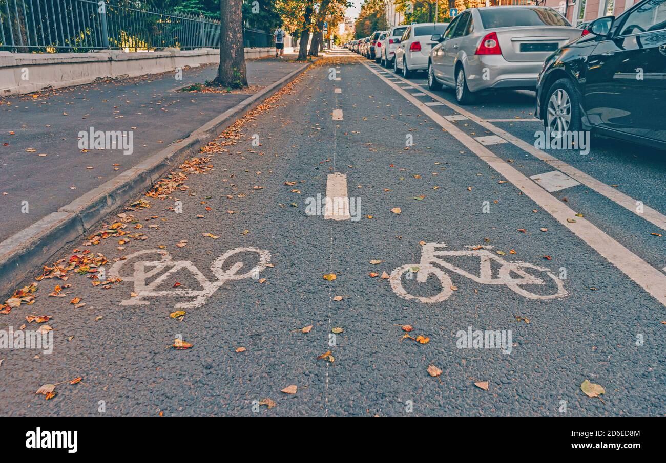 Urban bike lane on the city street. Bicycle lane mark. Two way cycling ...
