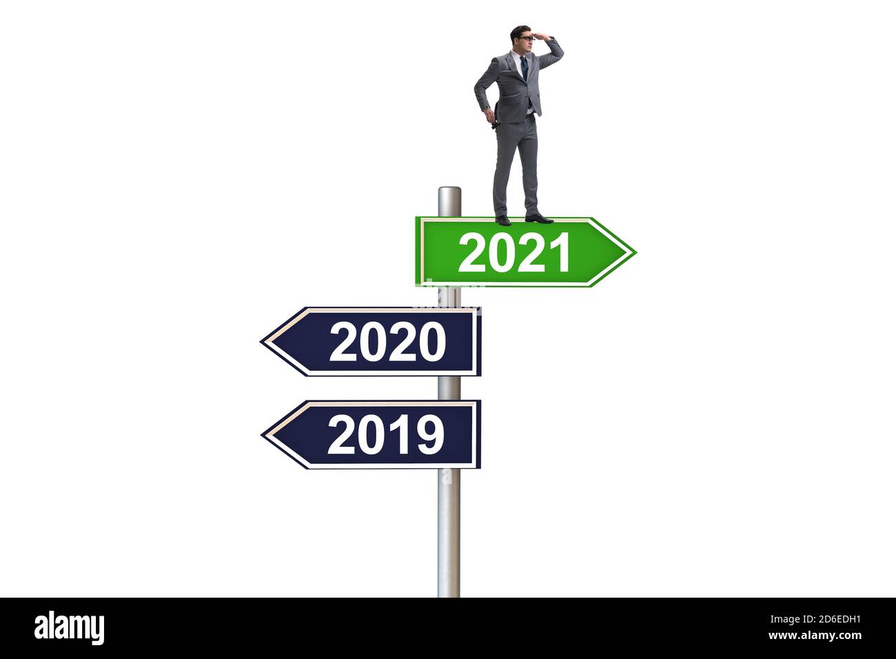 Road sign and the businessman with 2020 and 2021 Stock Photo - Alamy