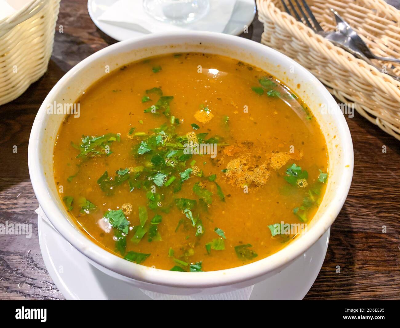 Hot spicy soup kharcho in white tureen, Georgian cuisine Stock Photo ...