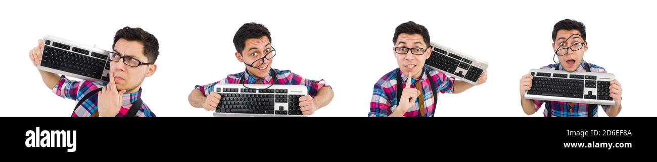 The computer nerd with keyboard isolated on white Stock Photo - Alamy