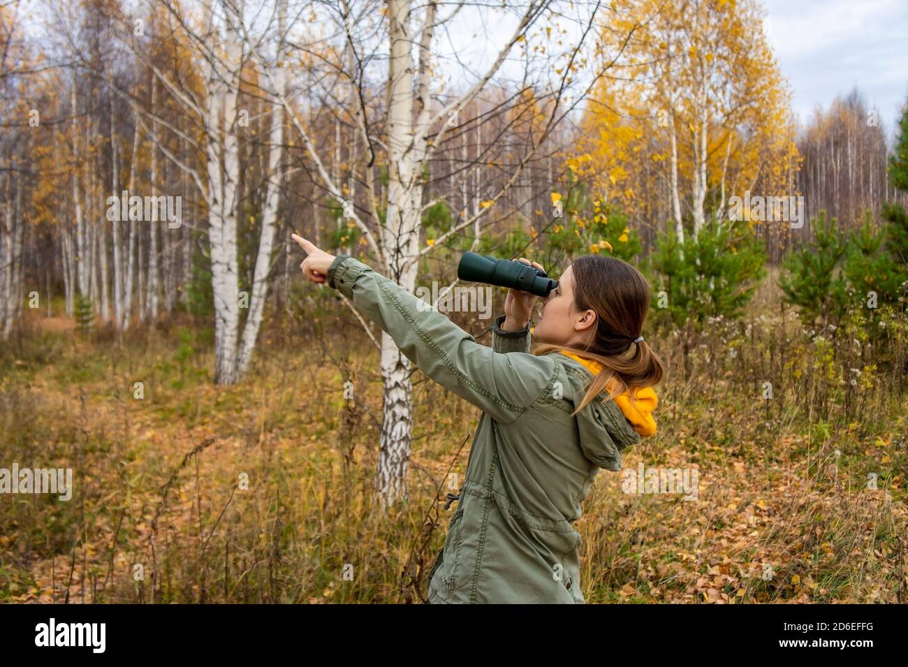 Young woman birdwatcher with binoculars in the autumn forest ...