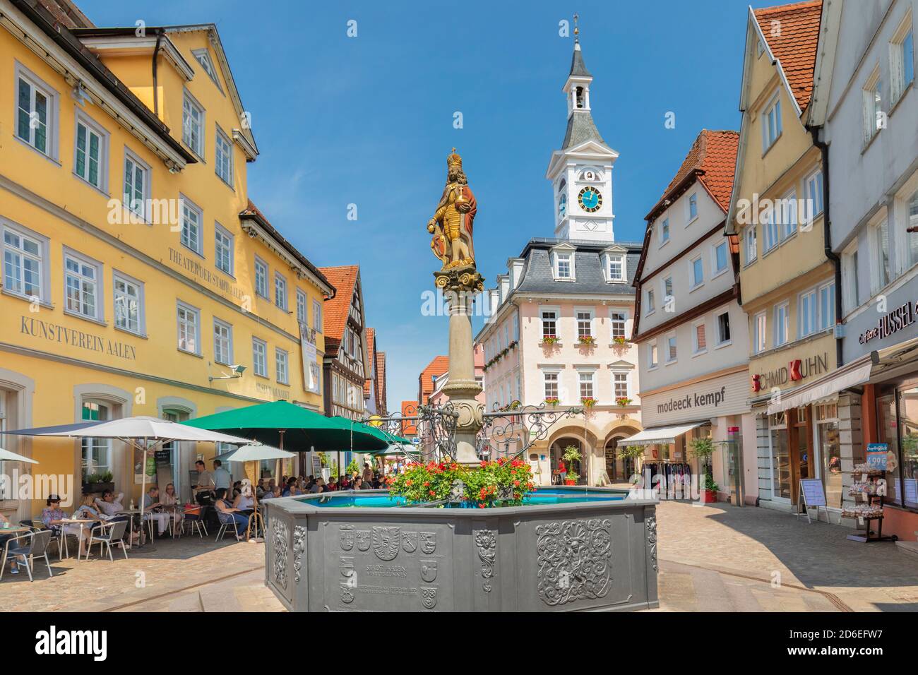 Market fountain and historic town hall on the market square, Aalen ...