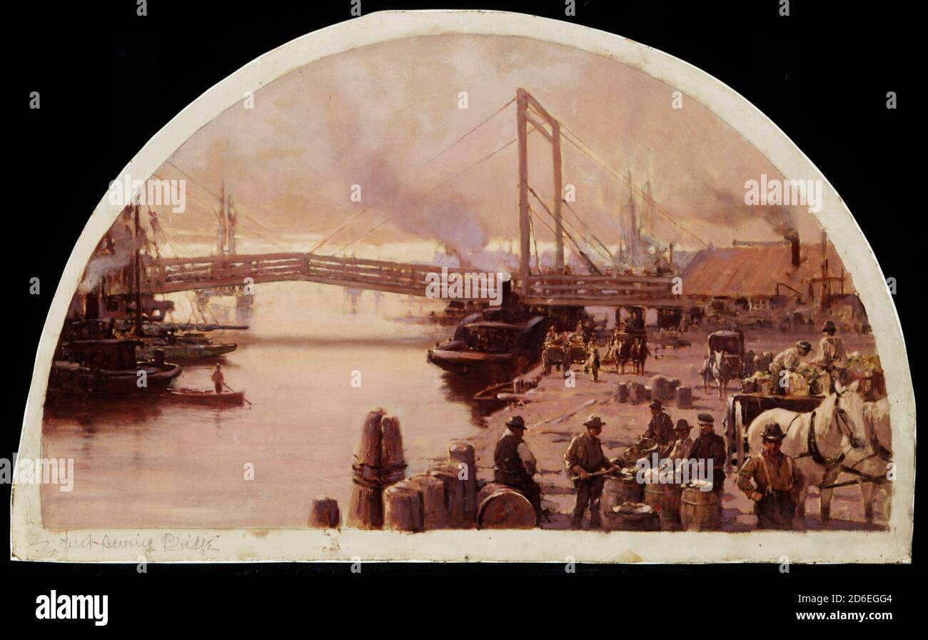 Oil painting titled The First Bridge across the Chicago River, 1834, by ...
