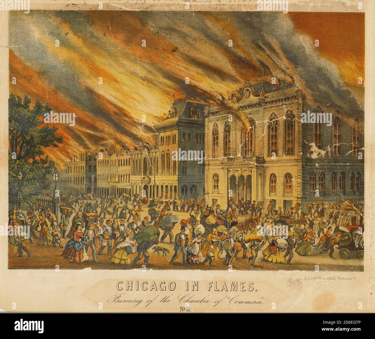 Lithograph titled Chicago in Flames: Burning of the Chamber of Commerce ...