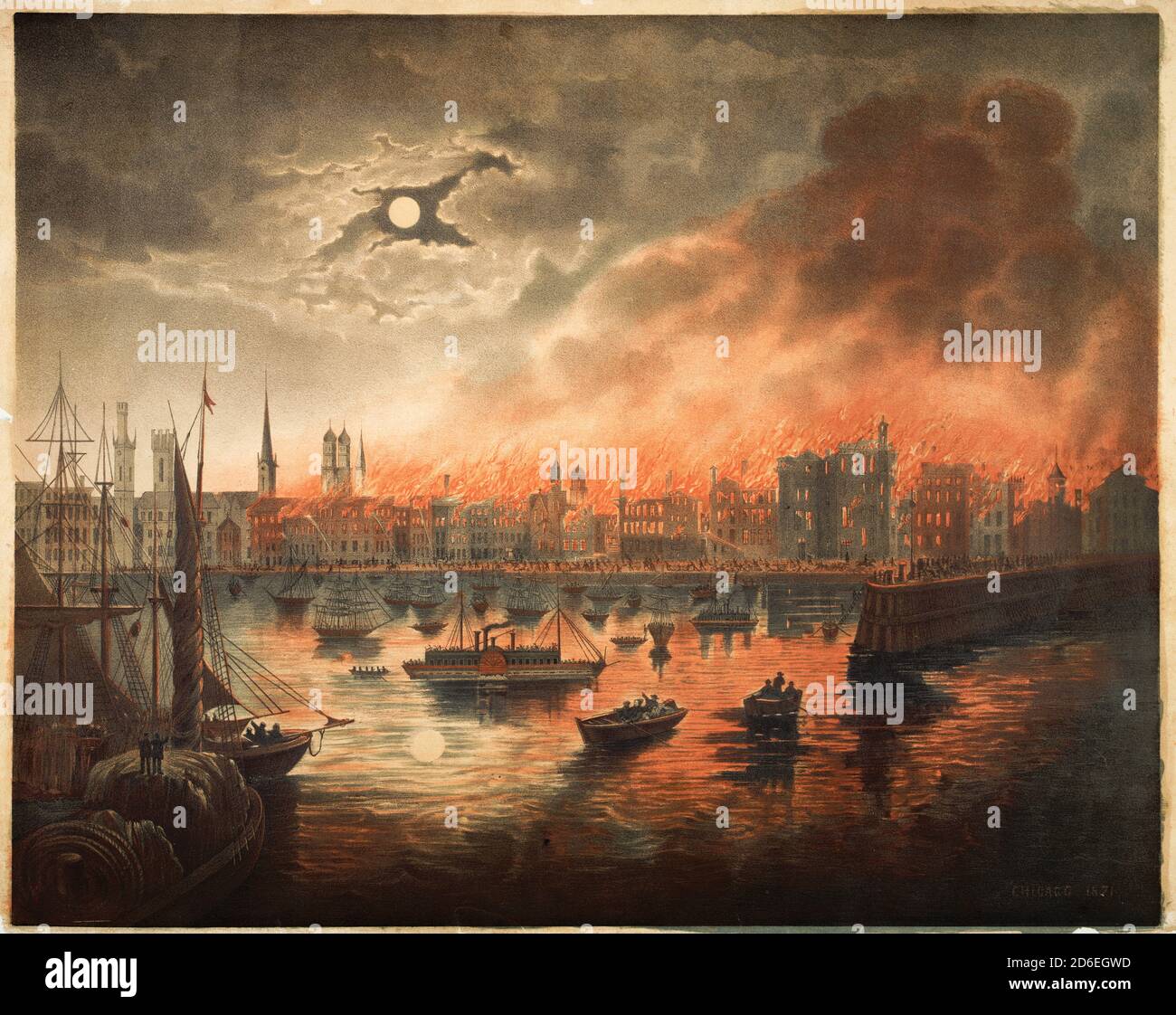 View of the Chicago Fire of 1871 at night under full moon, Chicago ...