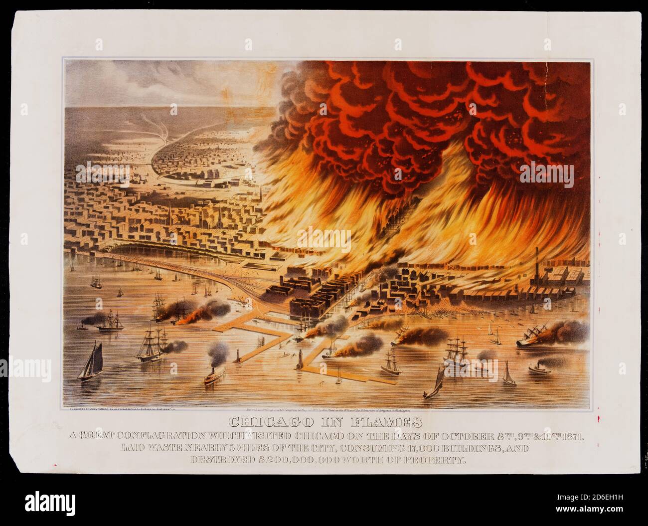 Illustration of a bird's-eye view of the city of Chicago on fire during ...