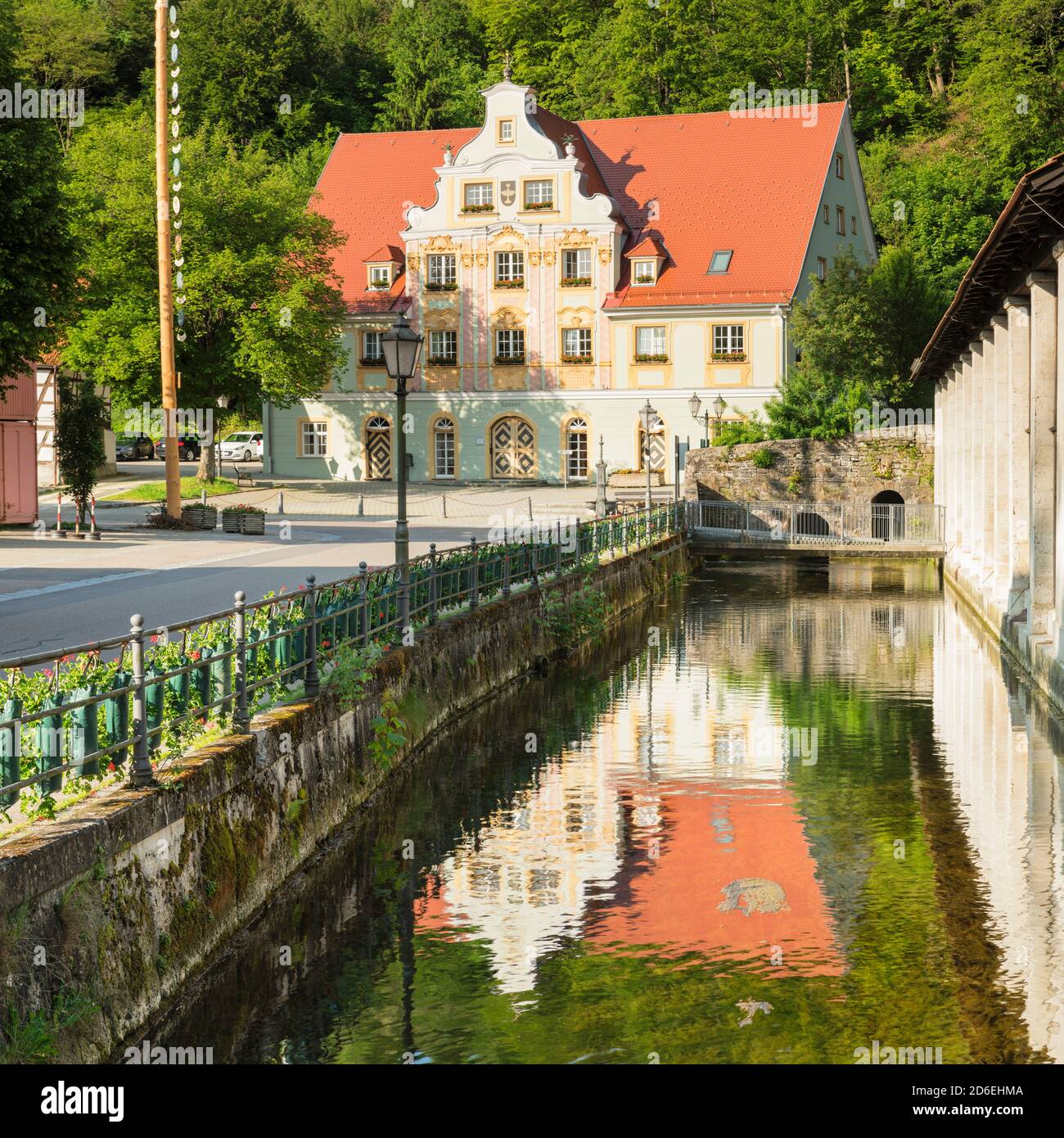 Town hall reflected in the Brenz, Koenigsbronn, Swabian Alb, Baden ...