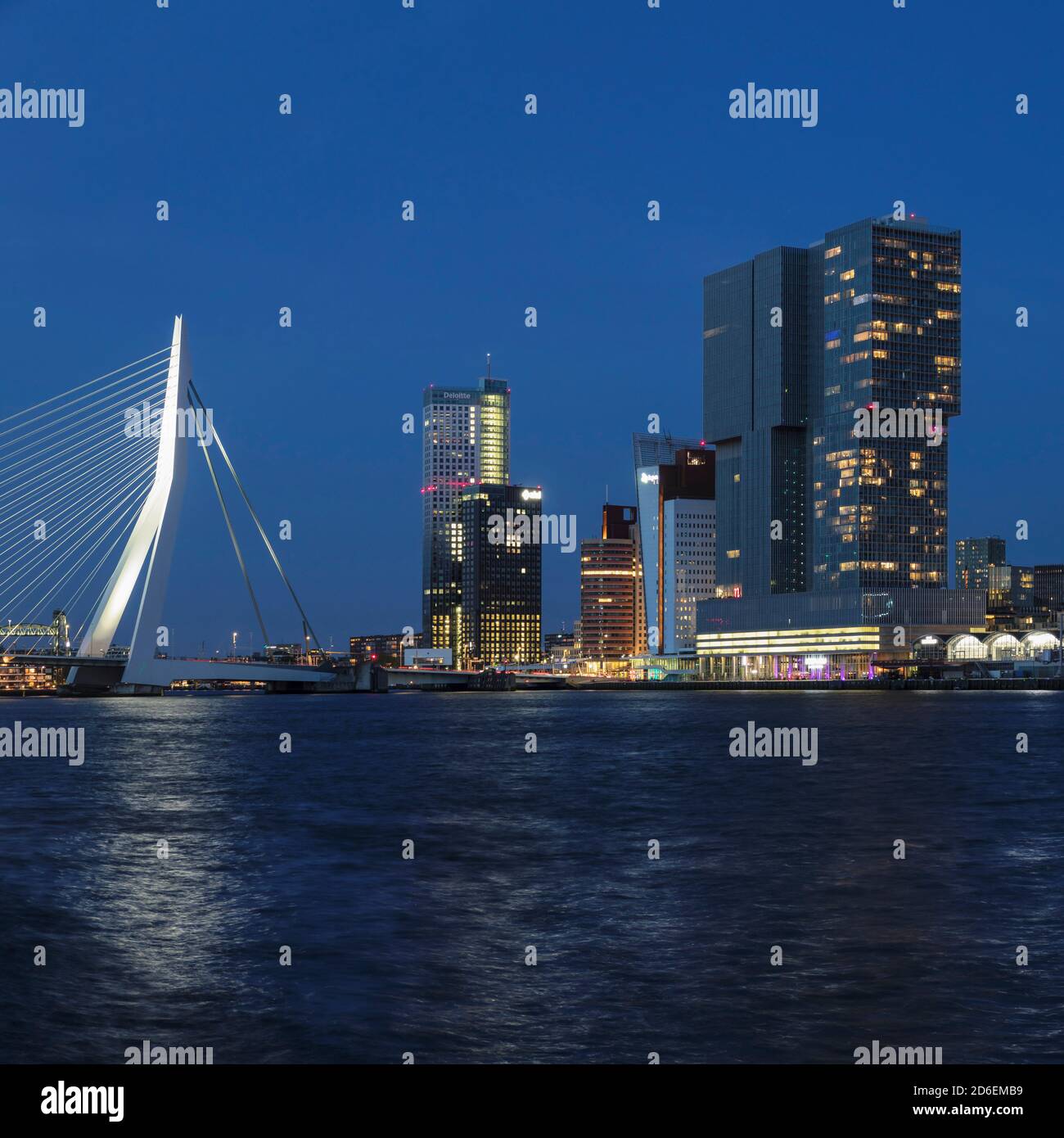 Nieuwe Maas with Erasmus Bridge and skyscrapers at blue hour, Rotterdam ...