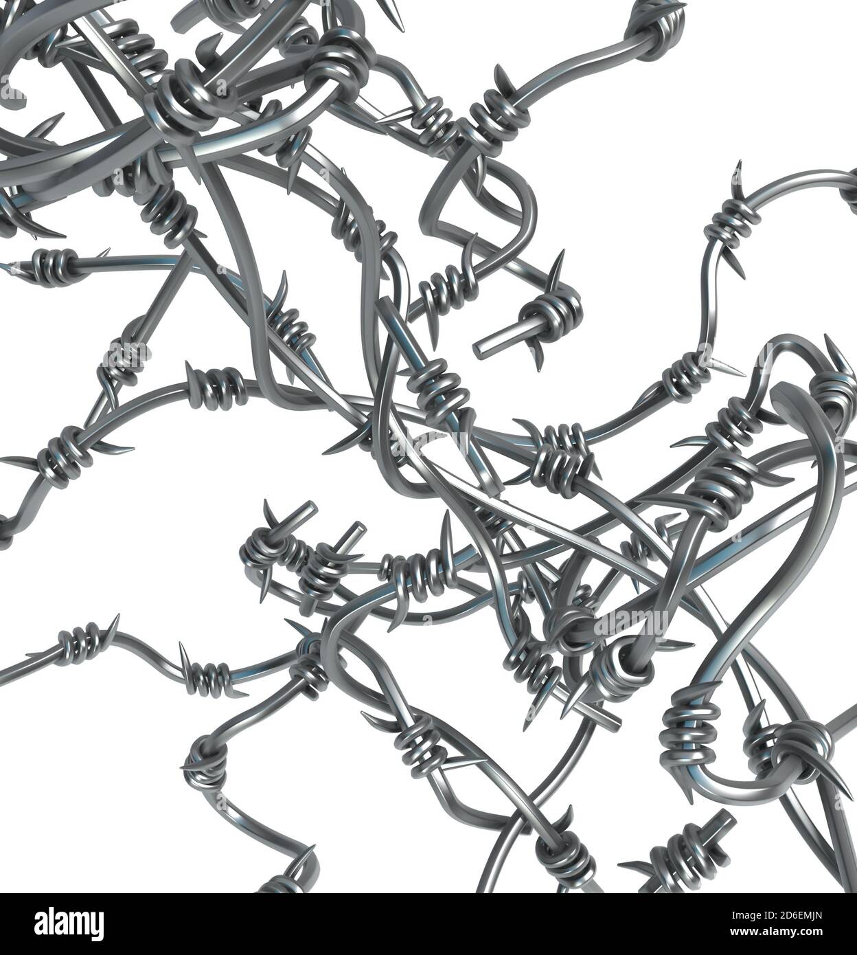 Barbed wire thick tangle close view, grey metal 3d illustration ...