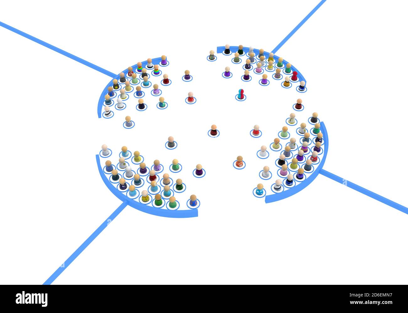 Crowd of small symbolic 3d figures linked, complex layered system ...