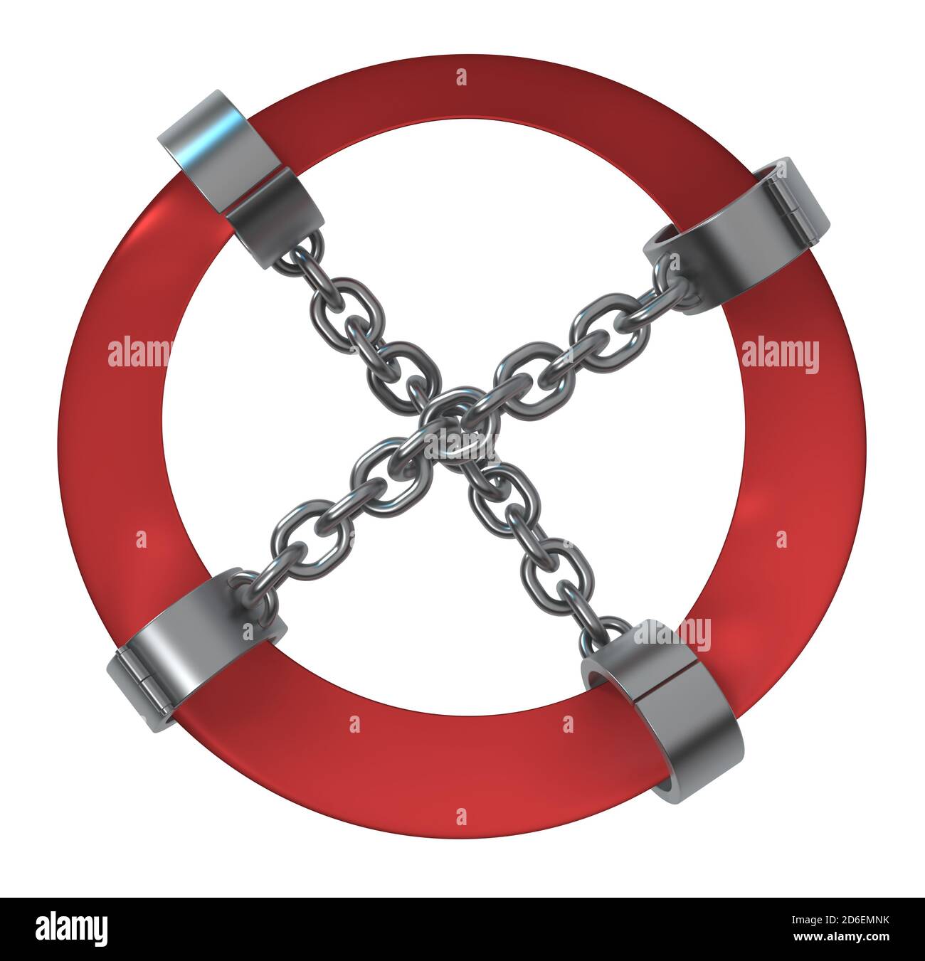 Red tape shackles ring cross ban sign, chain metal 3d illustration ...