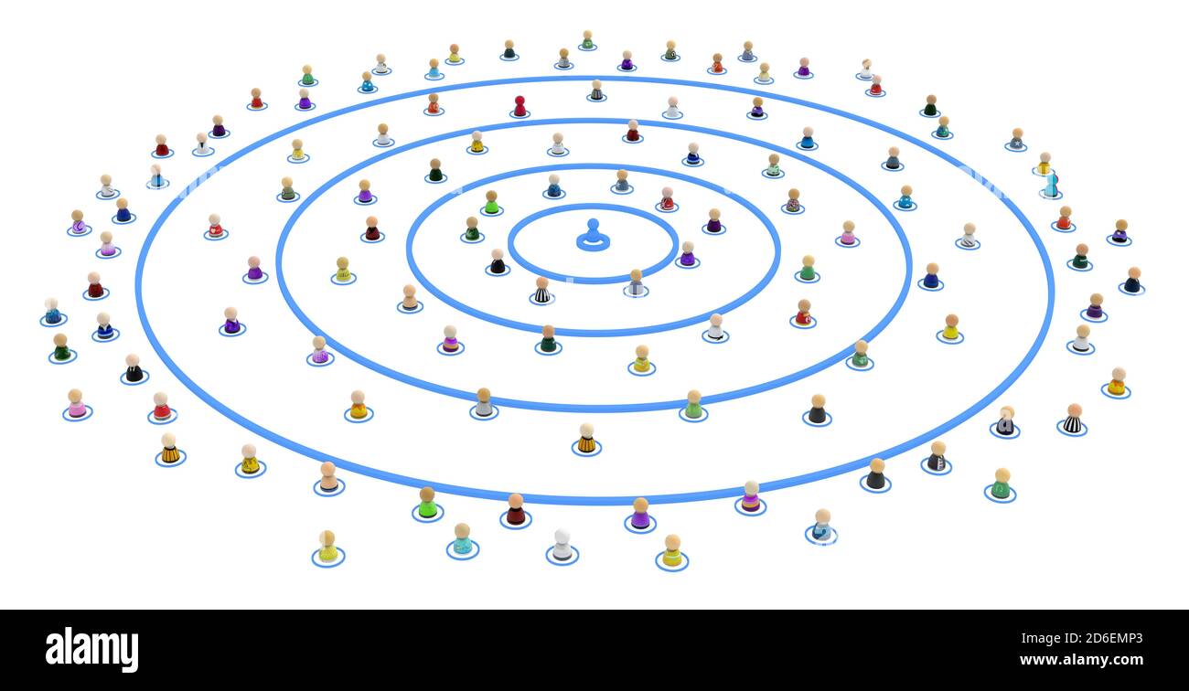 Crowd of small symbolic 3d figures linked, complex layered system ...