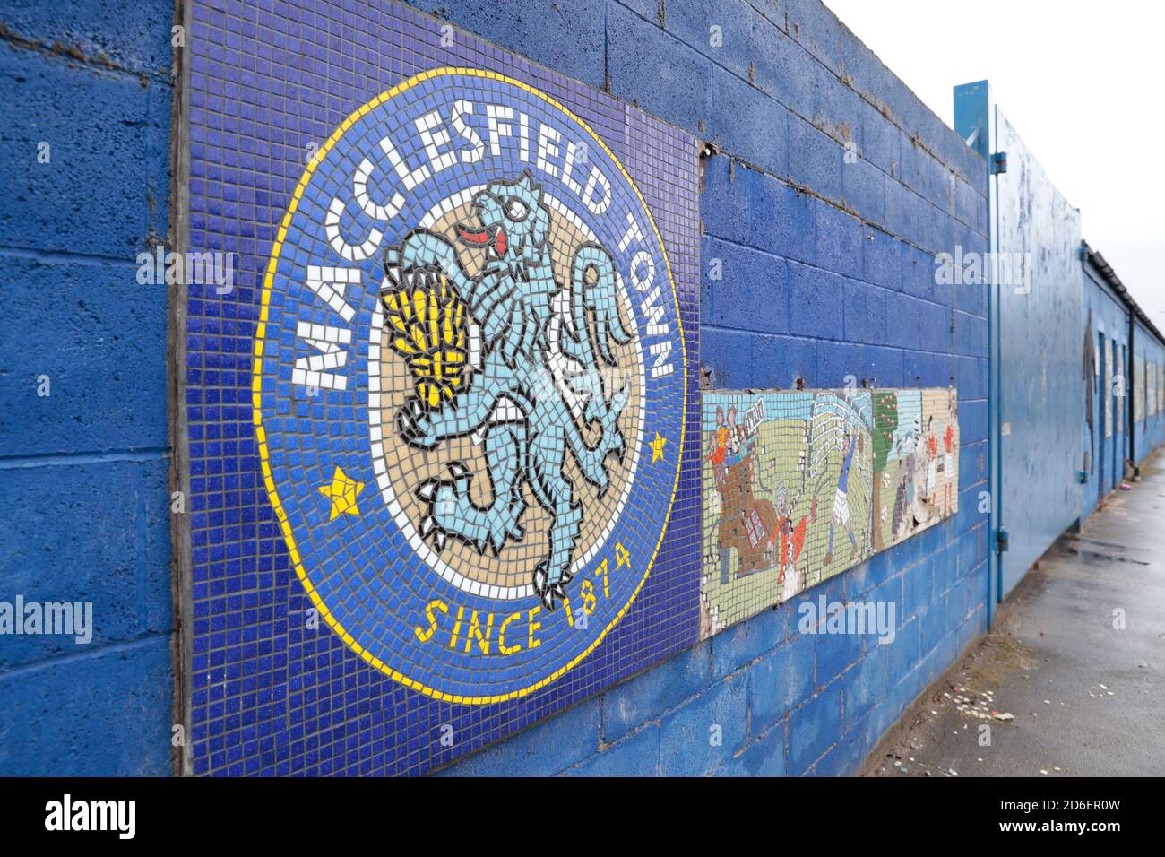The old Macclesfield Town logo outside the Moss Rose Stadium Stock ...