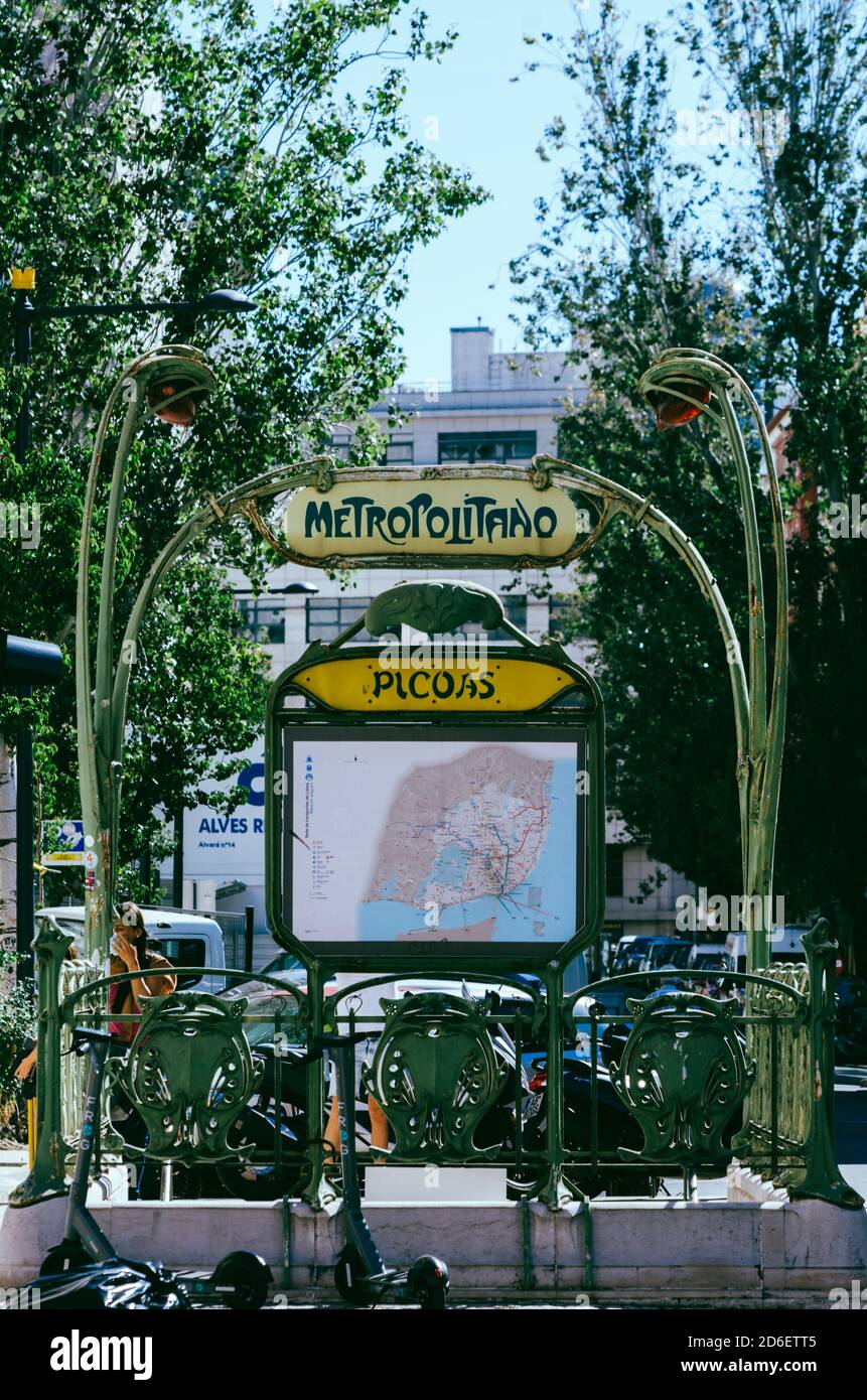 Paris-style vintage Metro entrance sign in Lisbon, Portugal Stock Photo ...