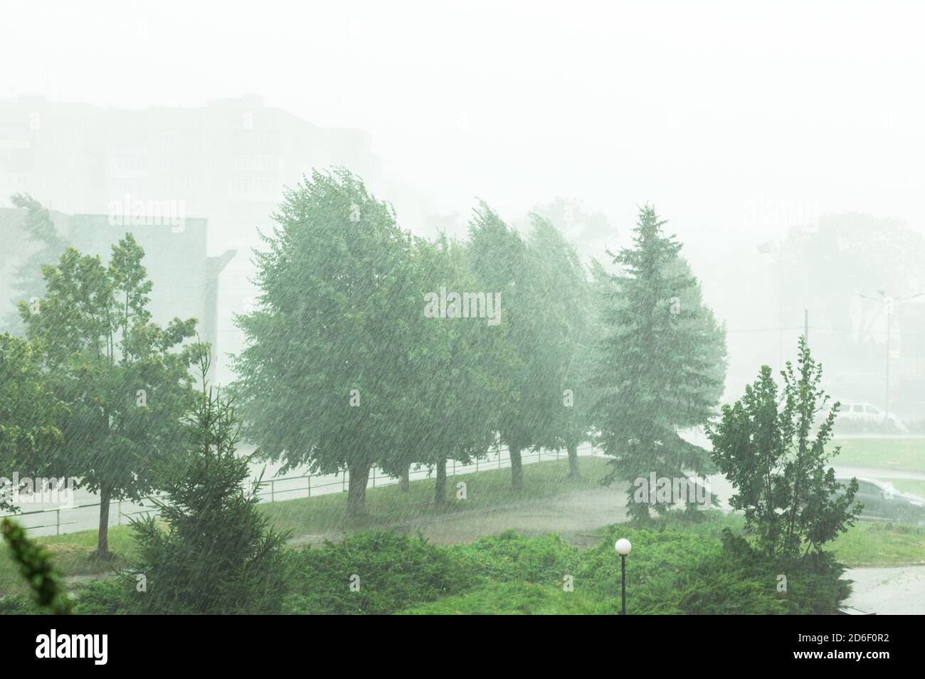Heavy rain, rain on the street, bad weather, thunderstorm in the city ...