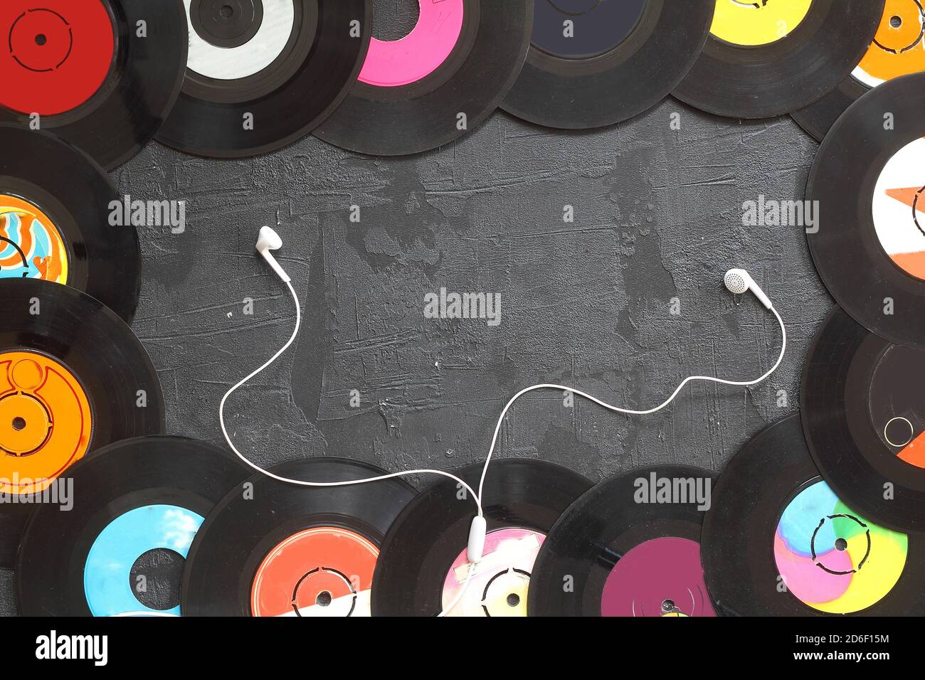 Vinyl record on a black background. Retro style. Top view Stock Photo ...