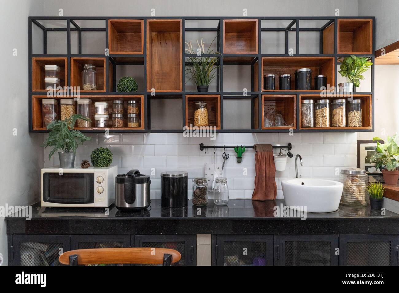 the front view of the clean kitchen table is bright and classic Stock ...