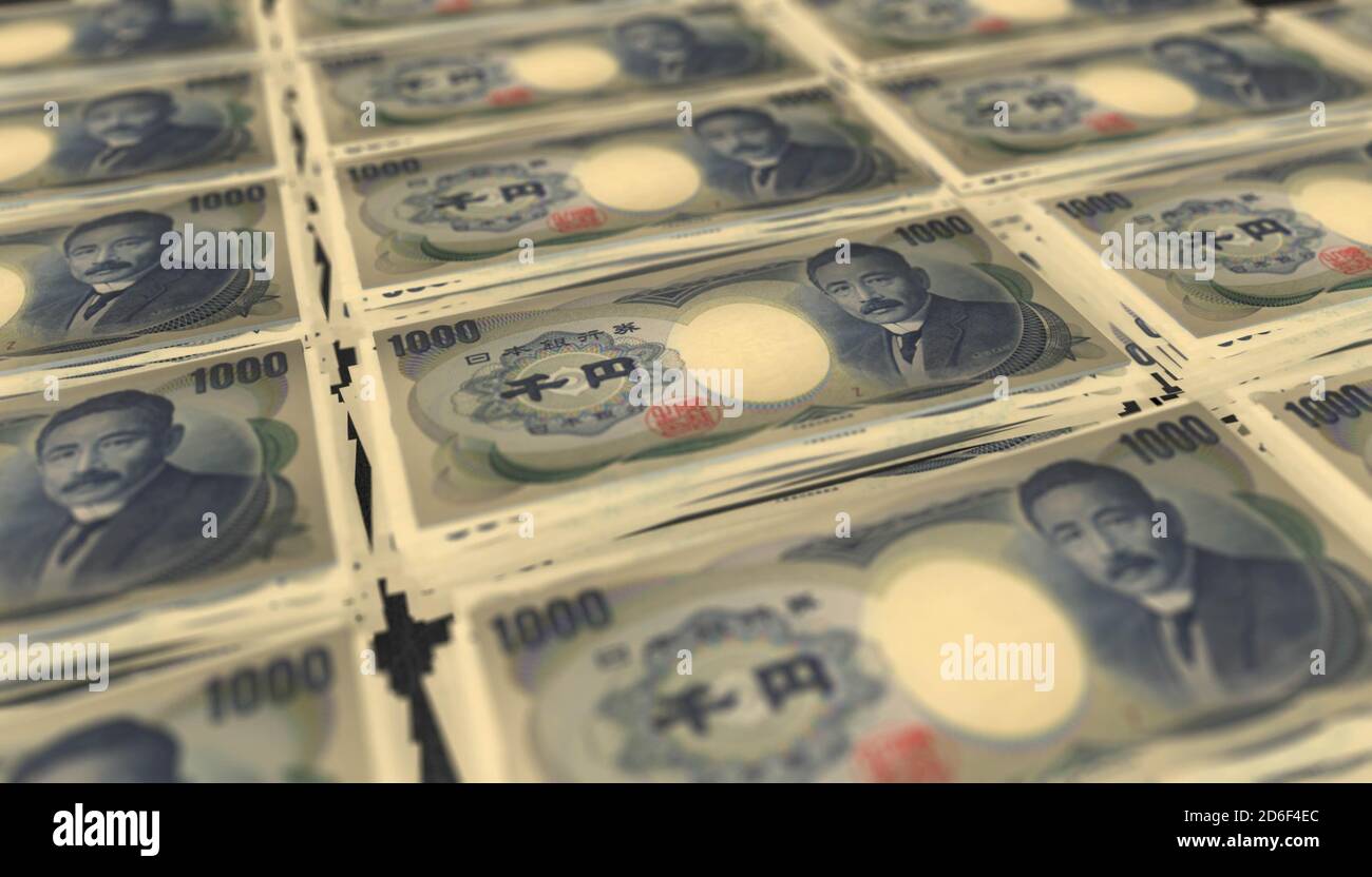 3D illustration of Japanese yen bills stacks background Stock Photo - Alamy