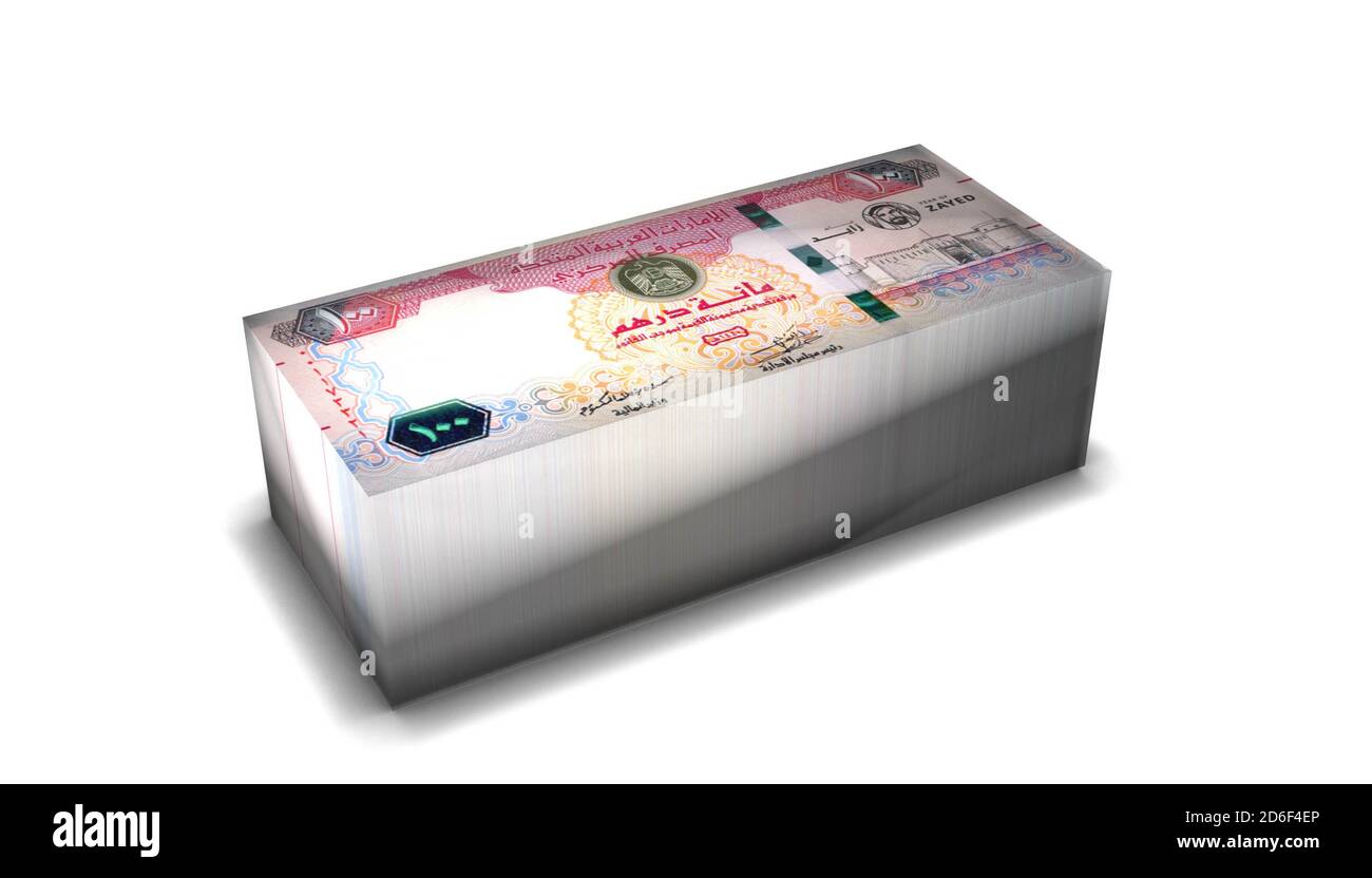 3D illustration of United Arab Emirates dirham bills stacks background ...