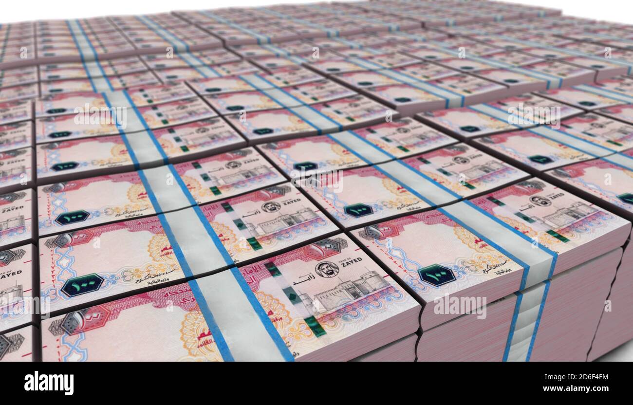 3D illustration of United Arab Emirates dirham bills stacks background ...