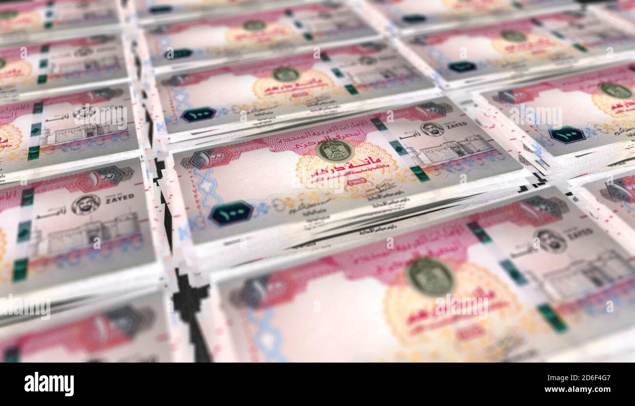 3D illustration of United Arab Emirates dirham bills stacks background ...