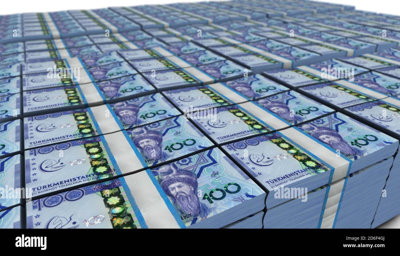 3D illustration of Turkmen manat bills stacks background Stock Photo ...