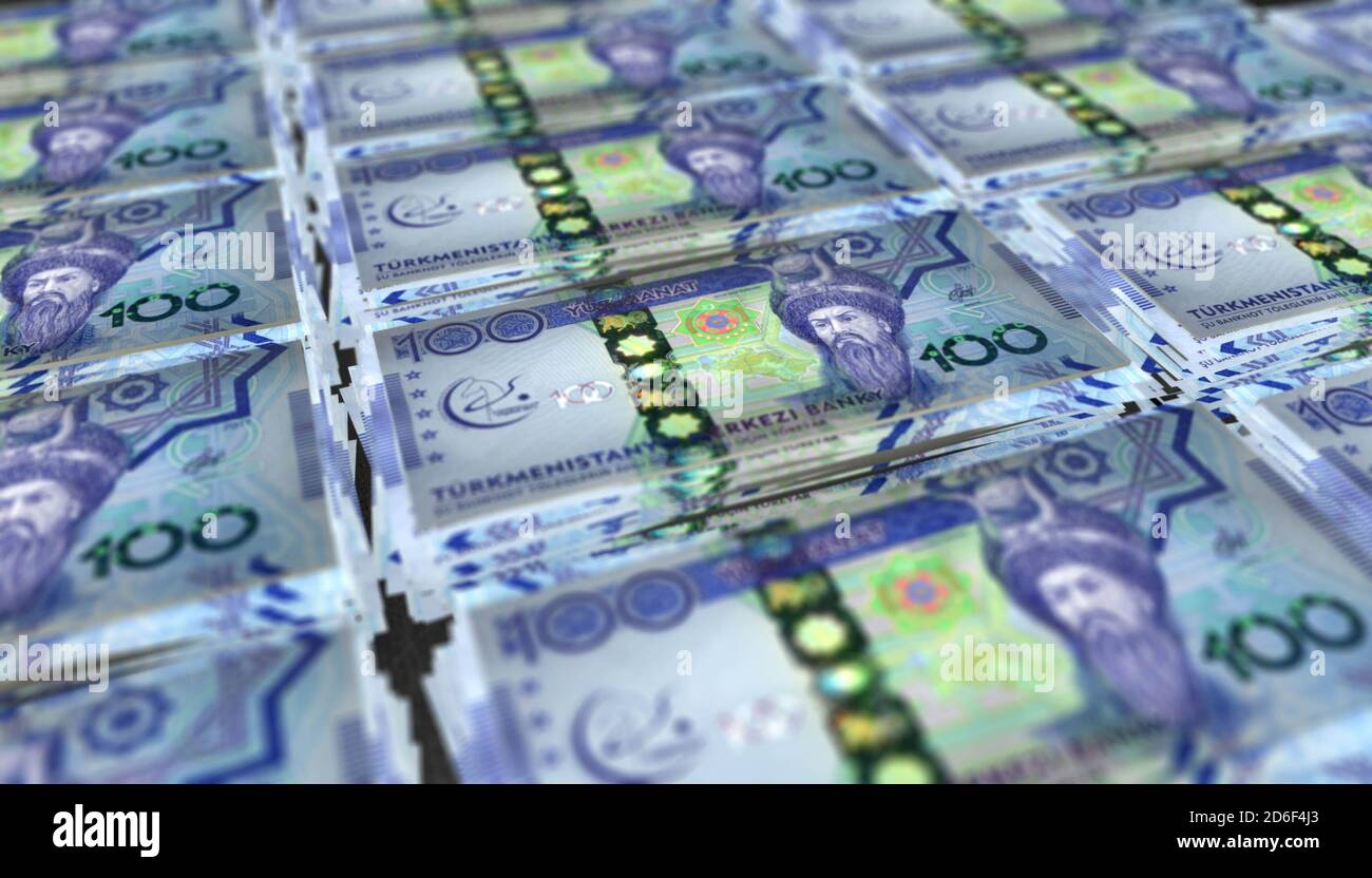 3D illustration of Turkmen manat bills stacks background Stock Photo ...