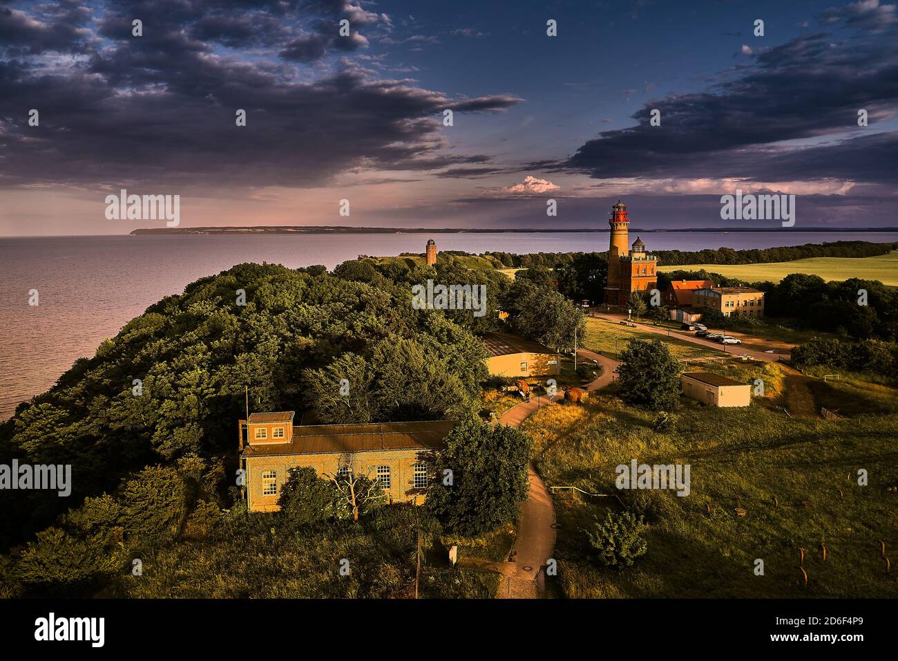 drone view of lighthouses in sunset from northern part of island of ...