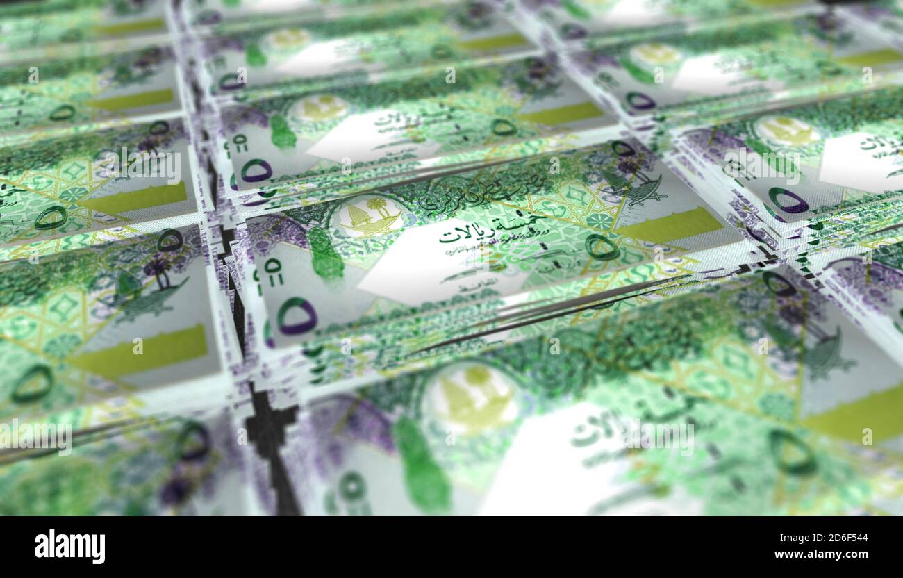 3D illustration of Qatari riyal bills stacks background Stock Photo - Alamy