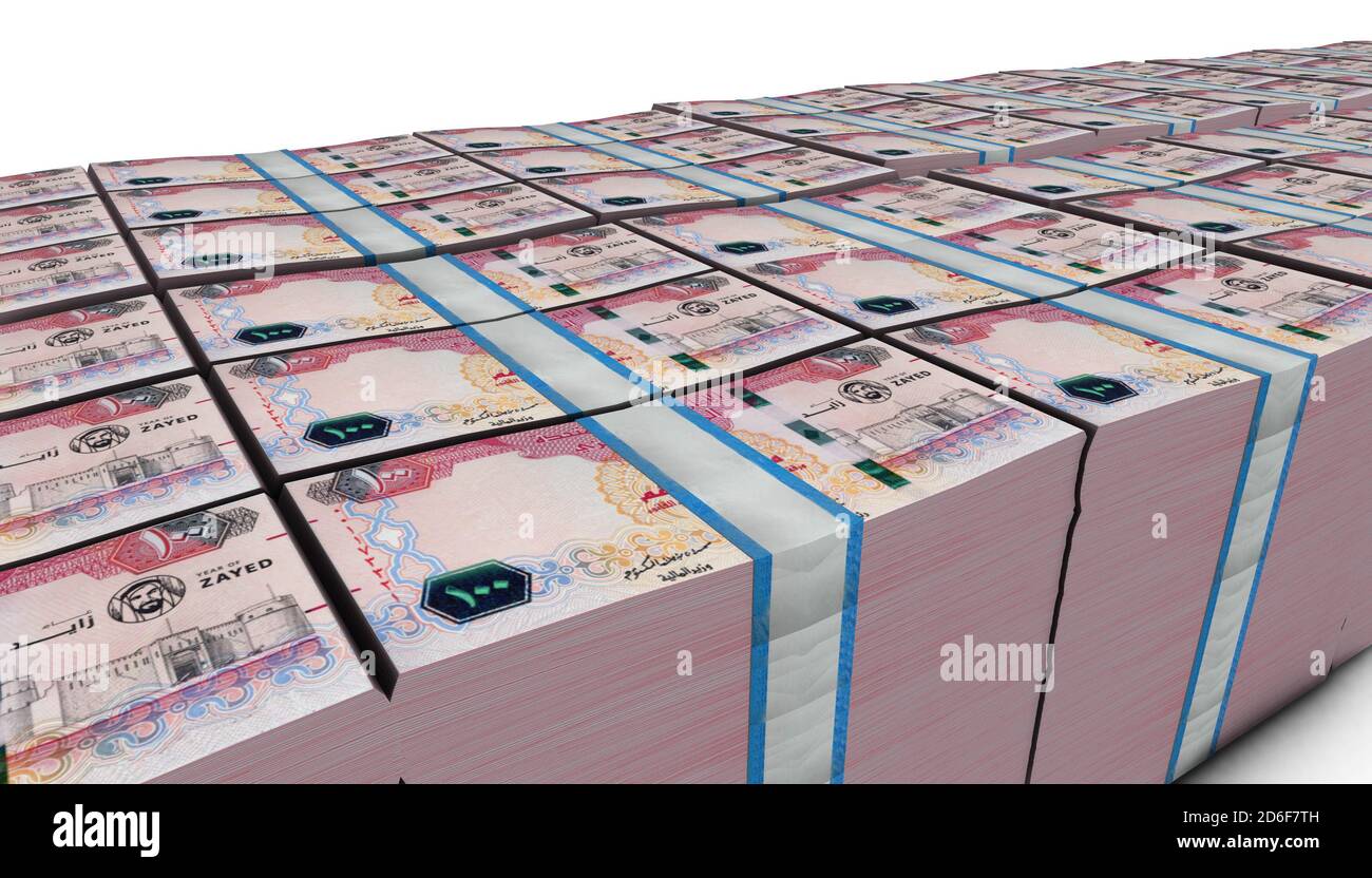 3D illustration of United Arab Emirates dirham bills stacks background ...