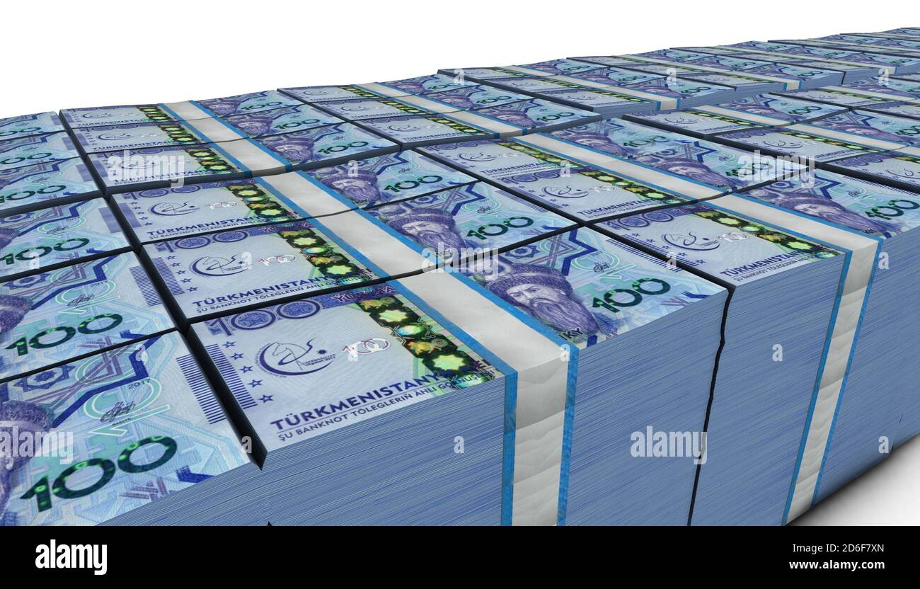 3D illustration of Turkmen manat bills stacks background Stock Photo ...