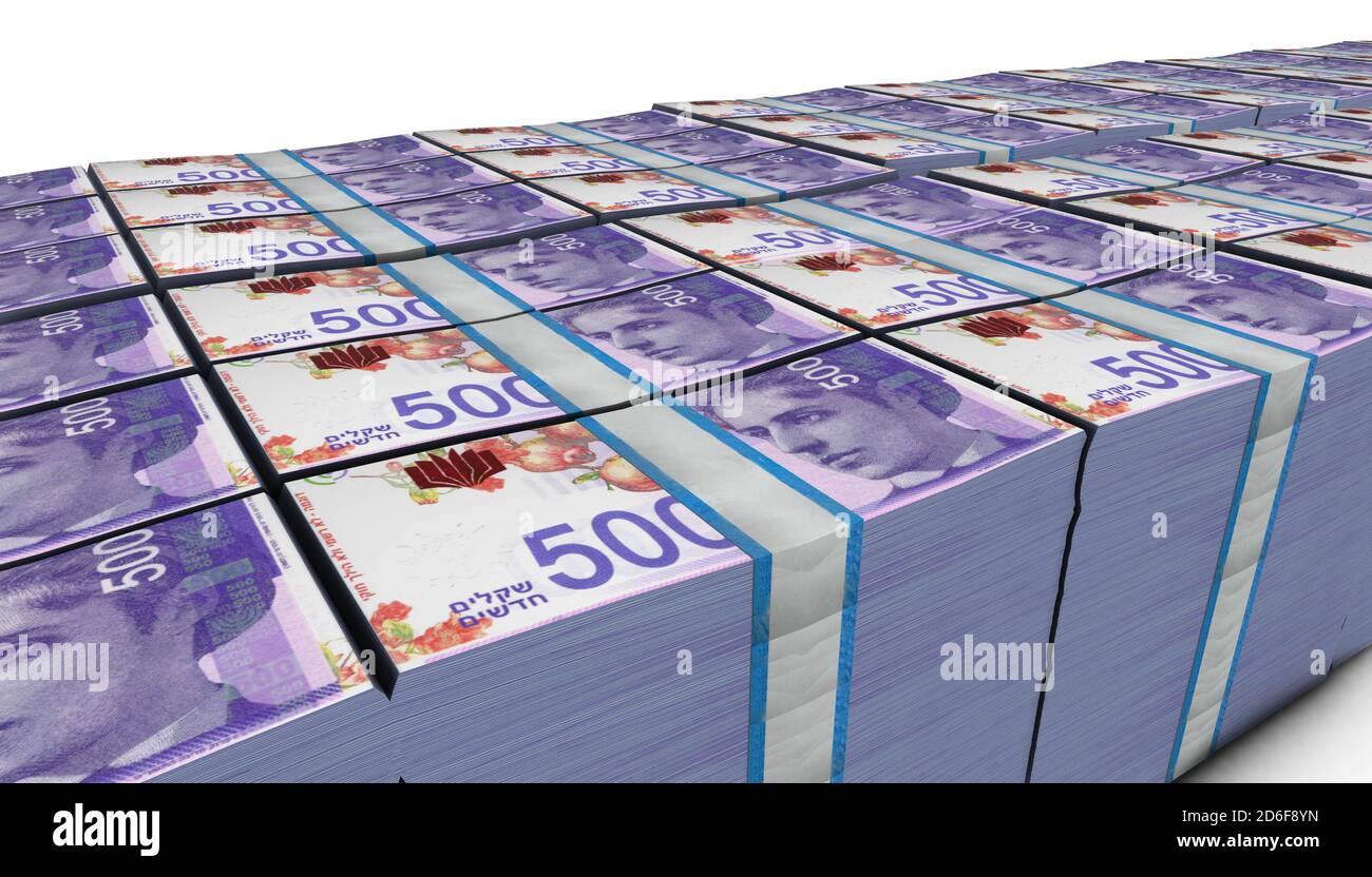 3D illustration of Israeli new shekel bills stacks background Stock ...