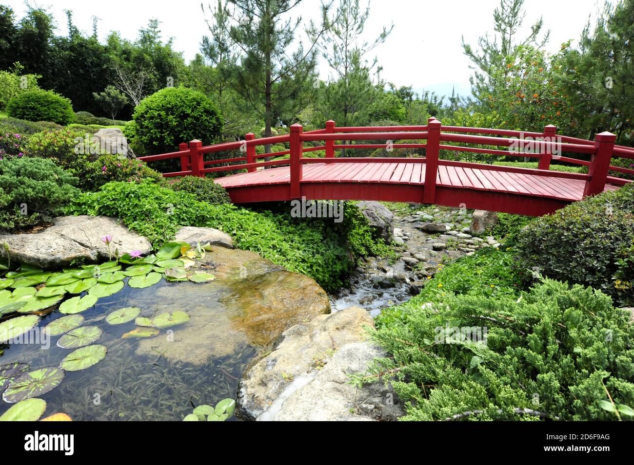 Shot of a red bridge on a tiny river Stock Photo - Alamy