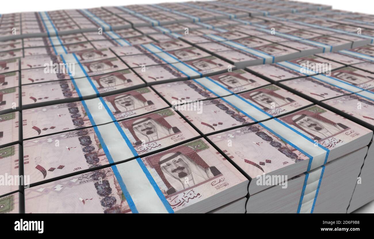3D illustration of Saudi Arabian riyal bills stacks background Stock ...