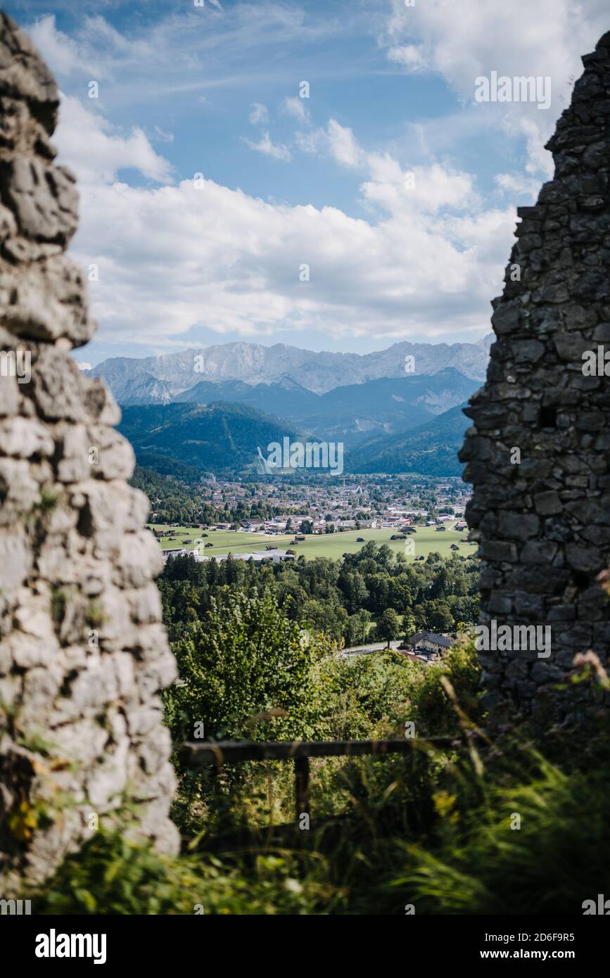 View over Garmisch-Partenkirchen from the Werdenfels castle ruins ...
