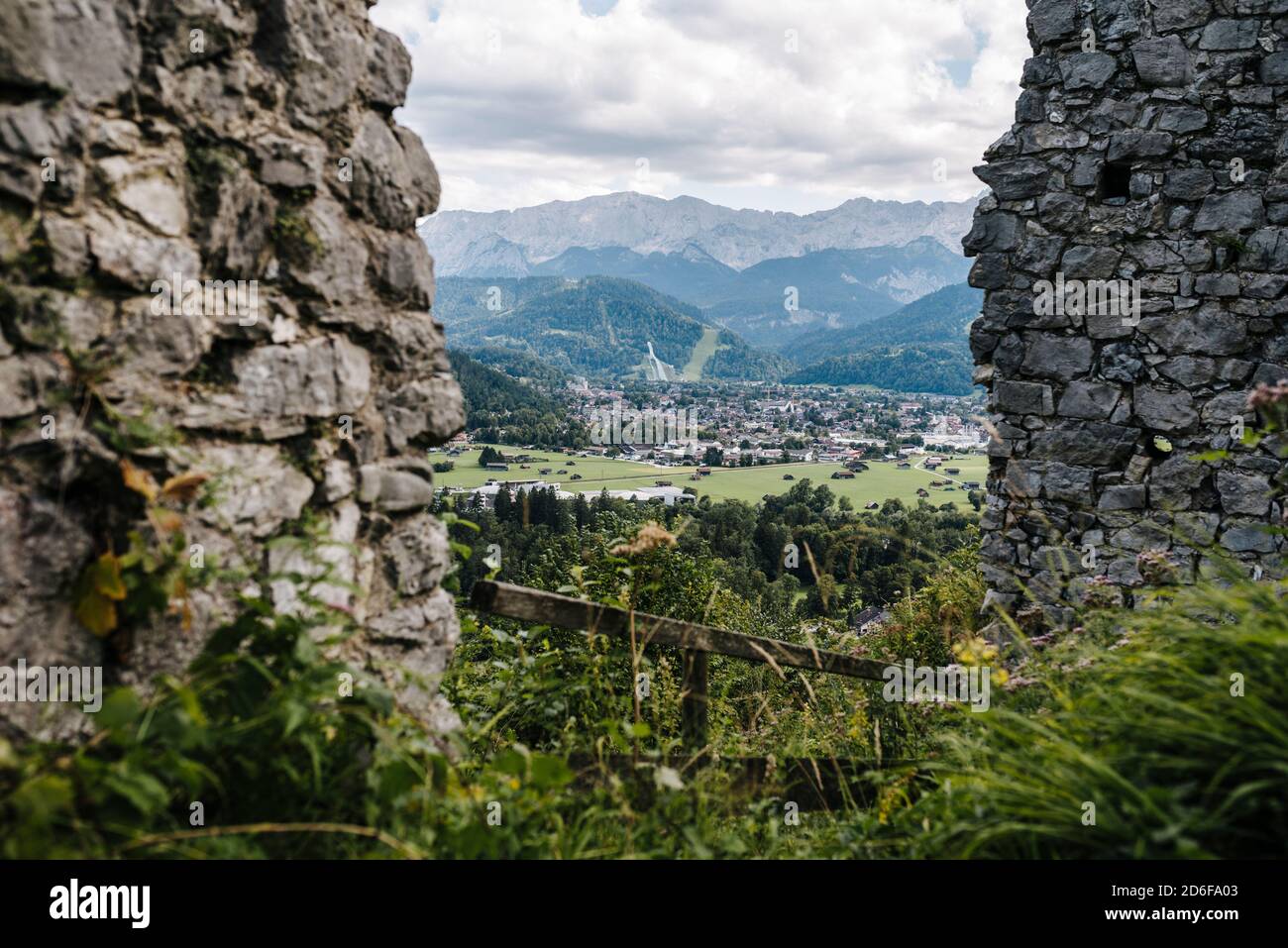 View over Garmisch-Partenkirchen from the Werdenfels castle ruins ...
