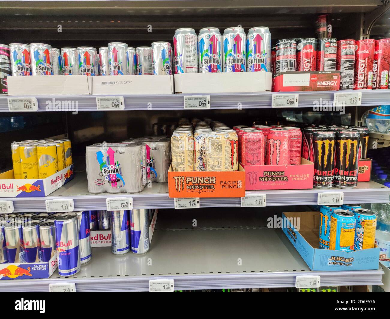 Puilboreau, France - October 14, 2020:Varied range of energy drink cans ...