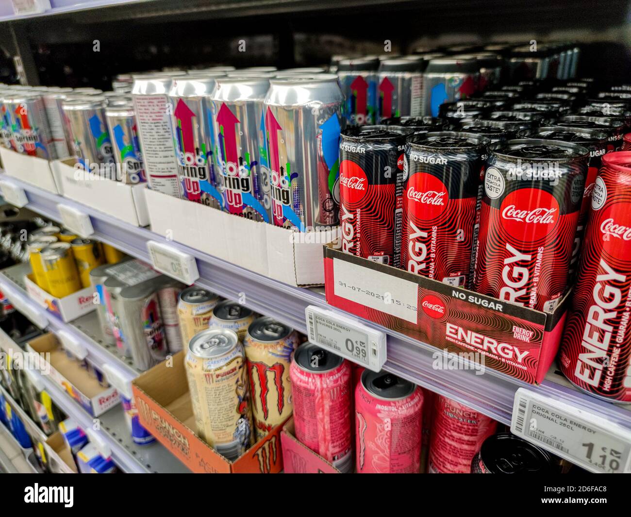 Puilboreau, France - October 14, 2020:Varied range of energy drink cans ...