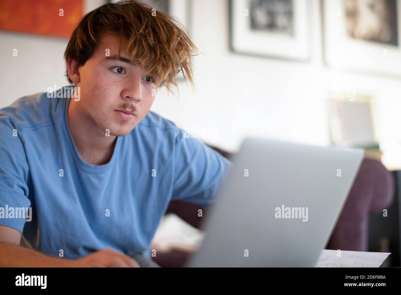 young adult male engaged in remote learning on computer, home setting ...