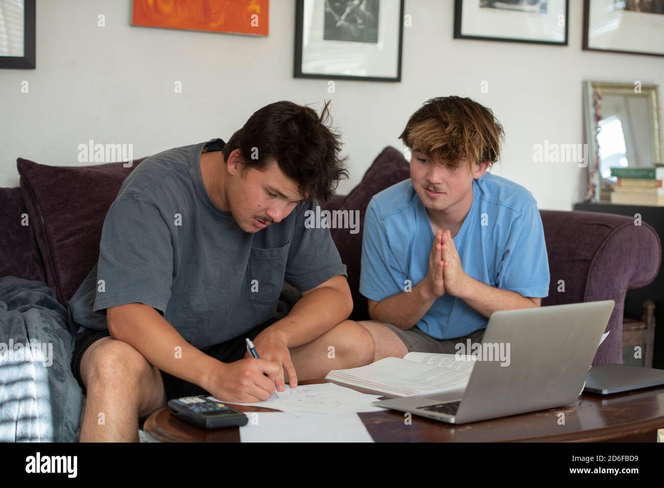 young adult males doing homework in a remote learning setting Stock ...