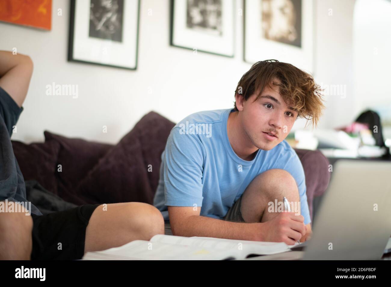 teen boy doing homework in house setting Stock Photo - Alamy