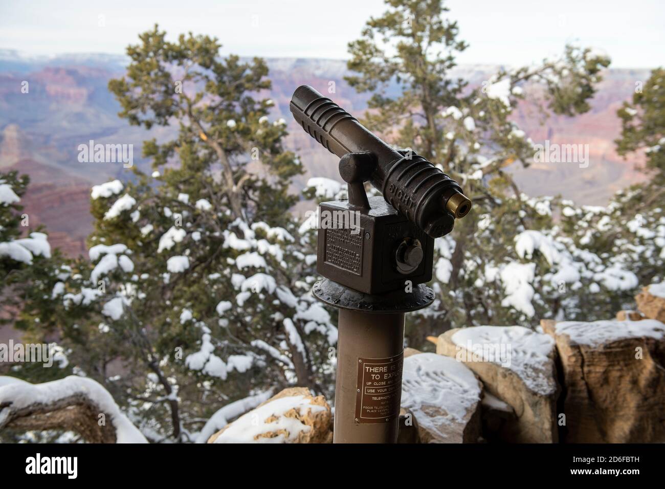 Coin-operated telescope, snow covered pine trees at the Grand Canyon ...