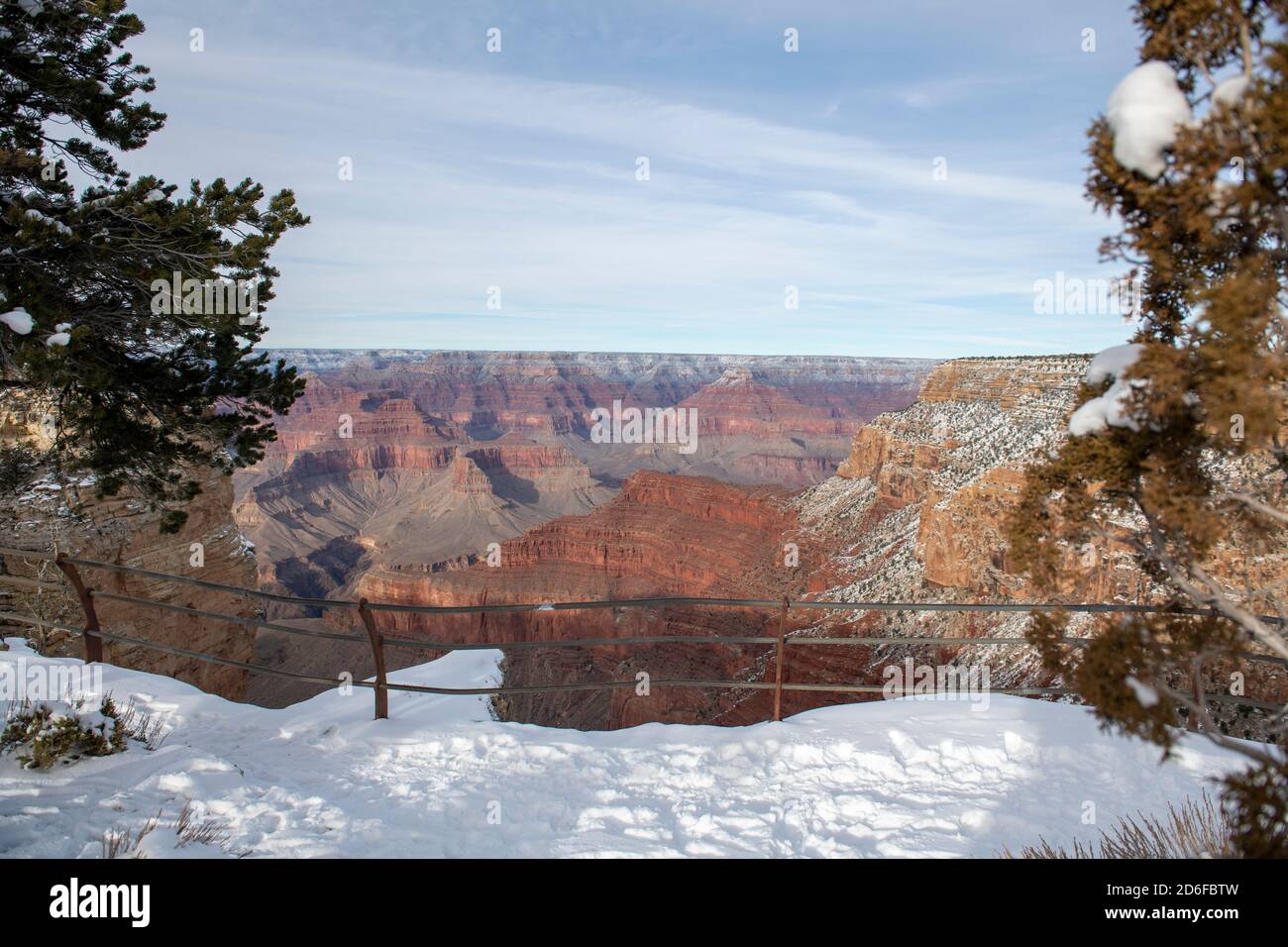Snow covered south rim viewing area on the Grand Canyon scenic drive ...